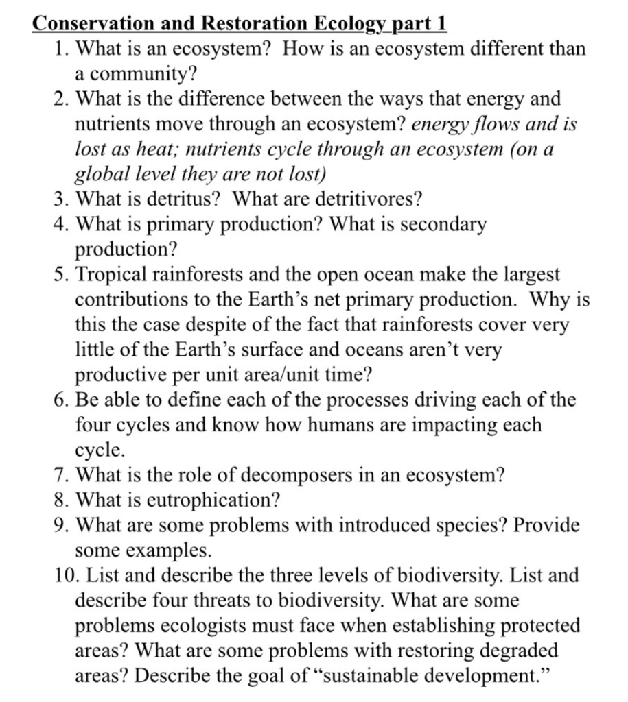 Solved Conservation and Restoration Ecology part 1 1. What | Chegg.com