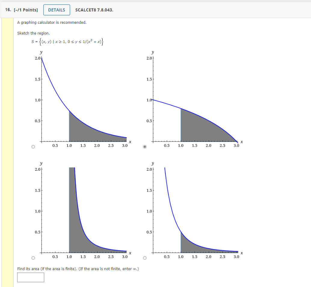 Solved 16. [-/1 Points] DETAILS SCALCET8 7.8.043. A graphing | Chegg.com