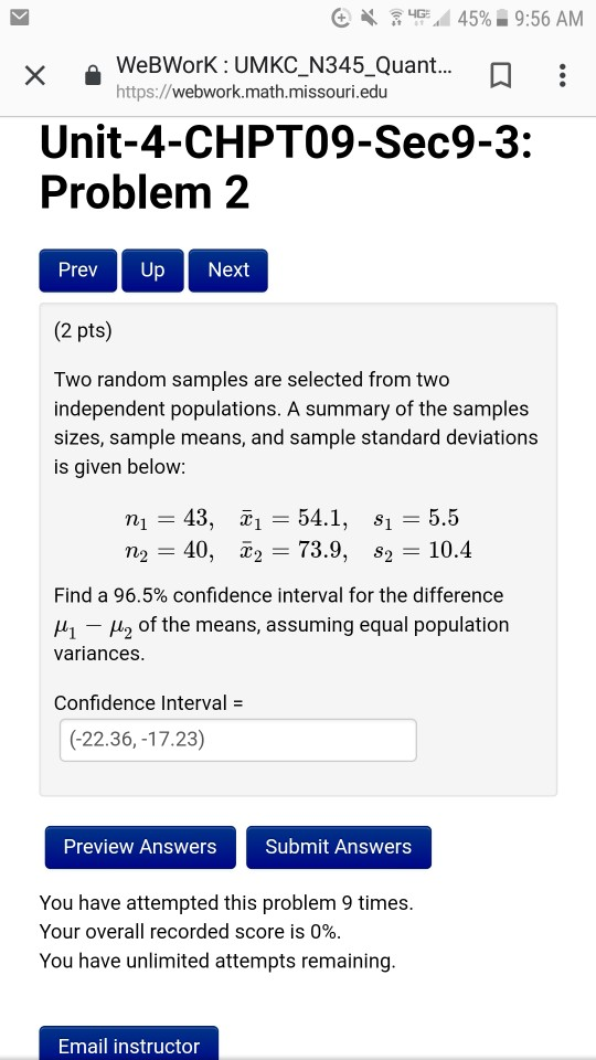 Solved чР,445% 9:56 AM x a WeBWorK: UMKC._N345_Quant... | Chegg.com