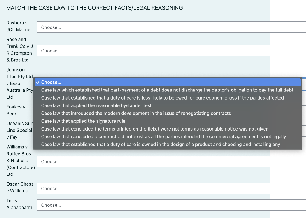 Solved MATCH THE CASE LAW TO THE CORRECT FACTS/LEGAL | Chegg.com