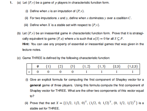 1. (a) Let (P,v) be a game of p players in | Chegg.com
