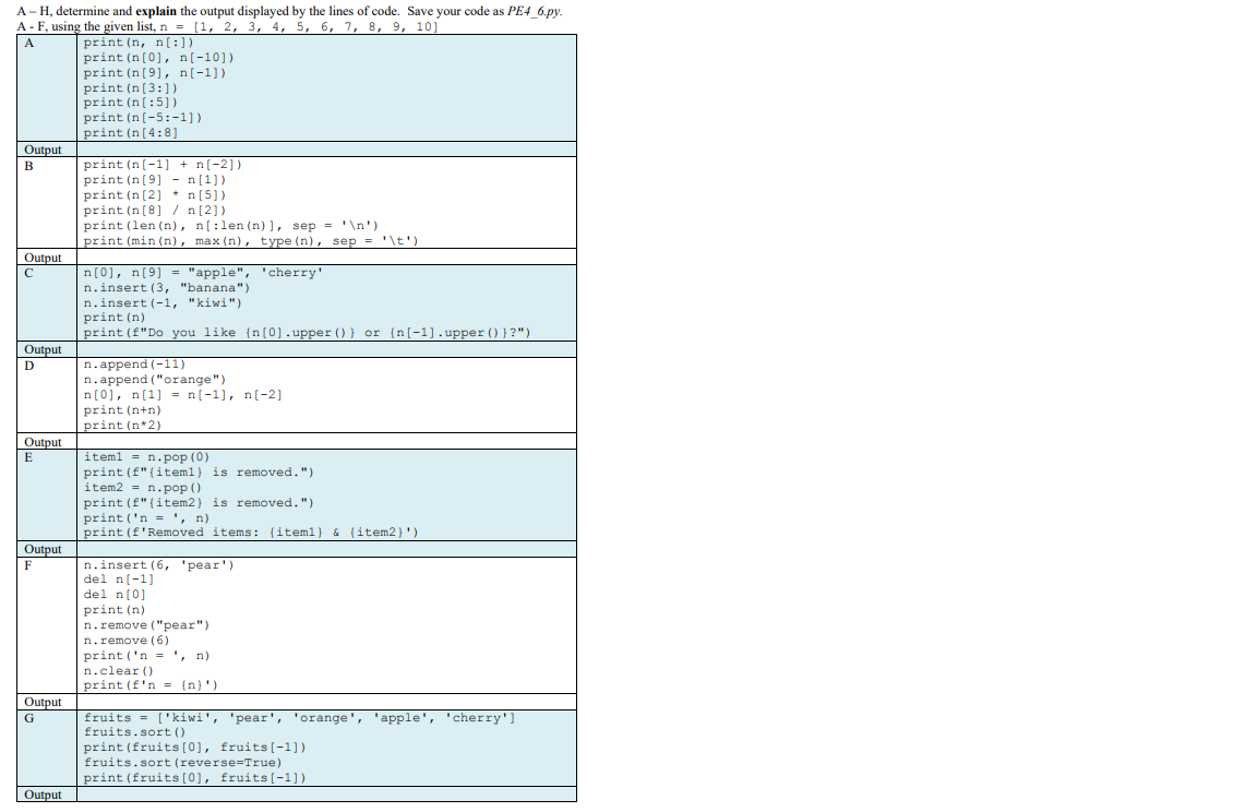Solved + A-H, determine and explain the output displayed by | Chegg.com