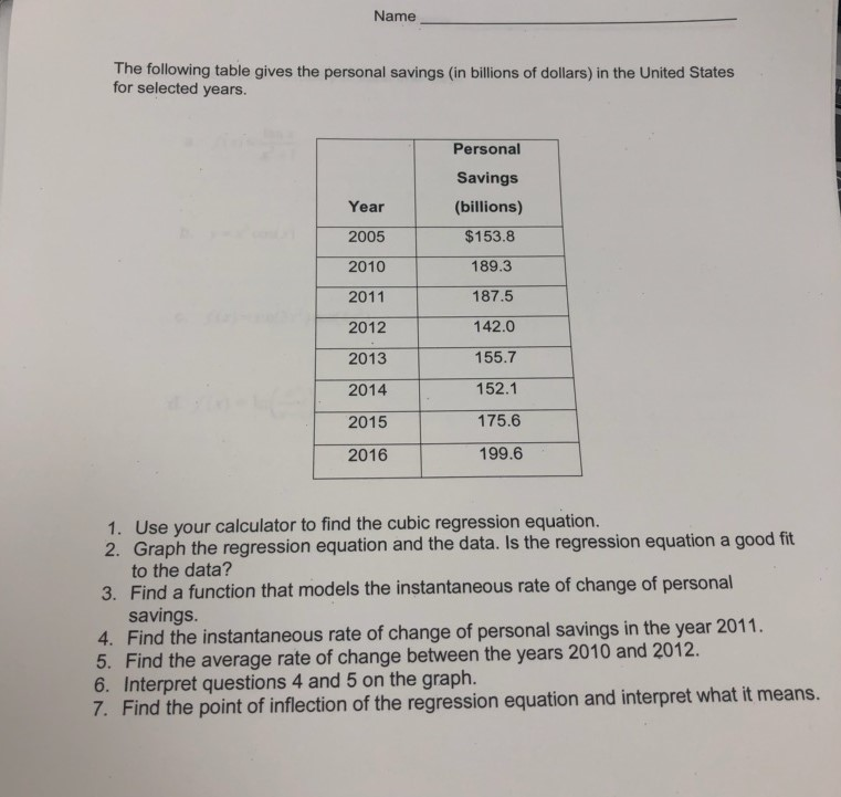 Name The following table gives the personal savings | Chegg.com