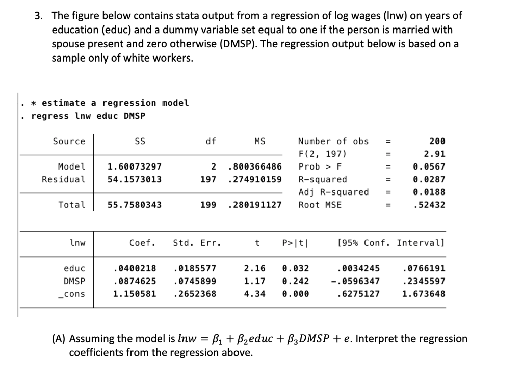 Solved 3. The figure below contains stata output from a | Chegg.com