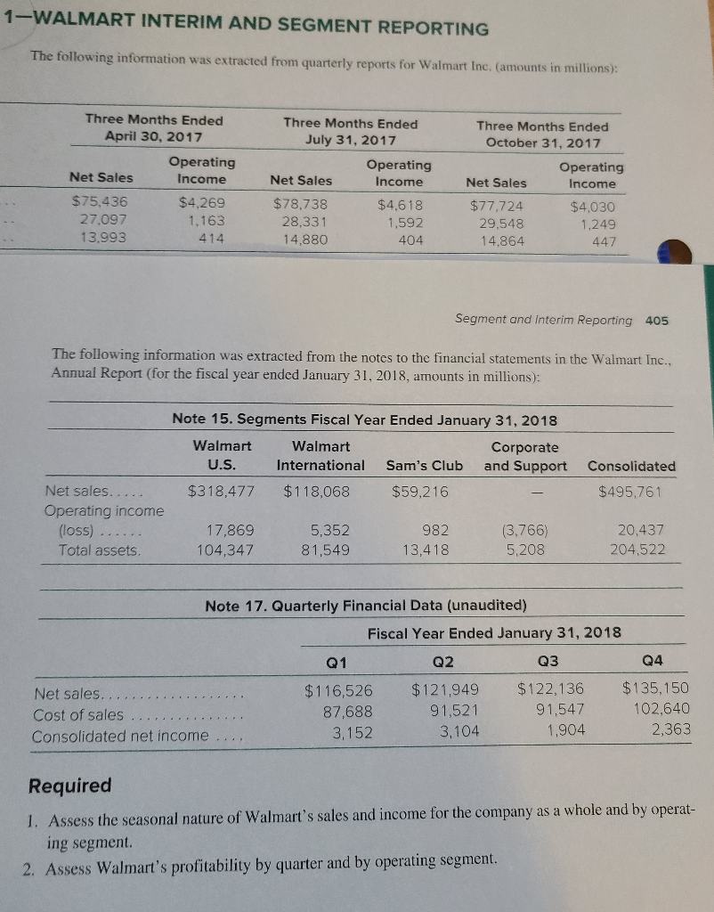 Solved 1-WALMART INTERIM AND SEGMENT REPORTING The following | Chegg.com