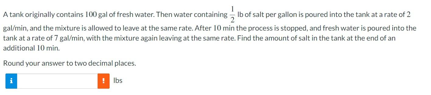Solved A tank originally contains 100 gal of fresh water. | Chegg.com
