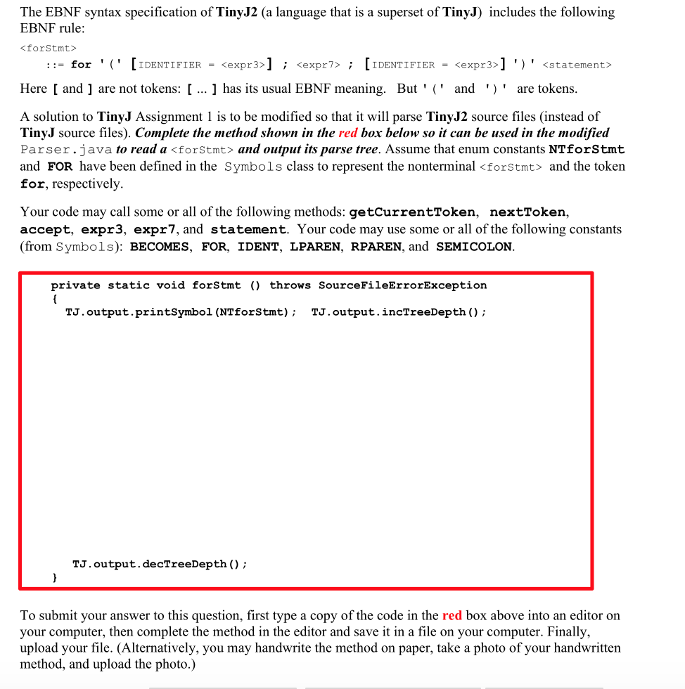 The EBNF syntax specification of Tiny J2 (a language | Chegg.com