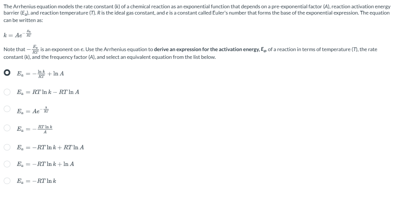 Solved The Arrhenius equation models the rate constant (k) | Chegg.com