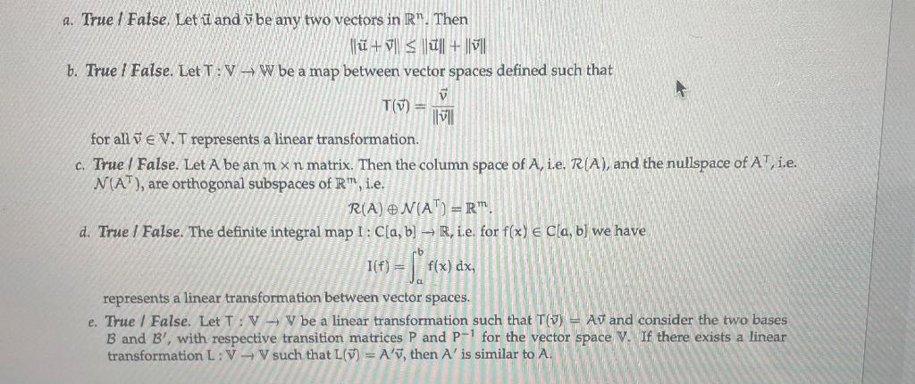 Solved a. True / False, Let x and v be any two vectors in | Chegg.com