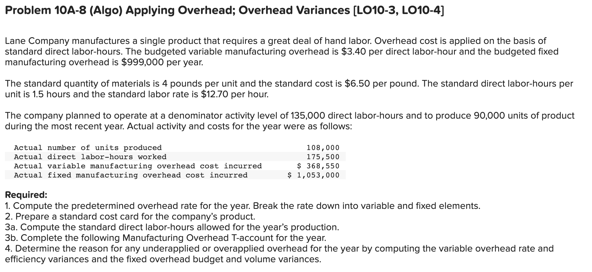 Problem 10A-8 (Algo) Applying Overhead; Overhead | Chegg.com