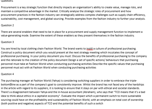 Solved Question1 ﻿Procurement is a key strategic function | Chegg.com