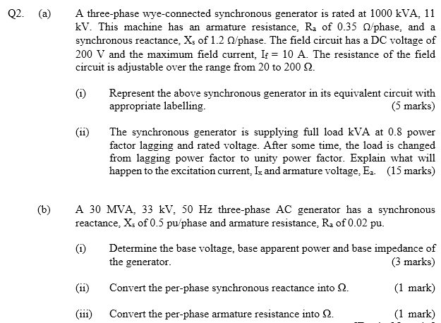 Solved Q2. (a) A three-phase wye-connected synchronous | Chegg.com