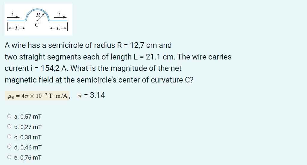 Solved A wire has a semicircle of radius R=12,7 cm and two | Chegg.com