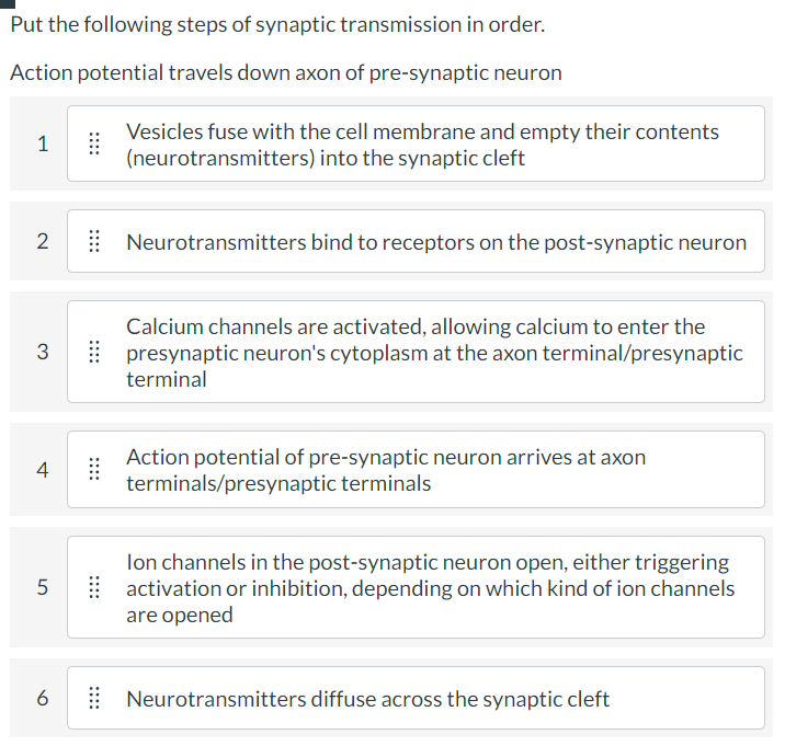 Solved Put the following steps of synaptic transmission in | Chegg.com