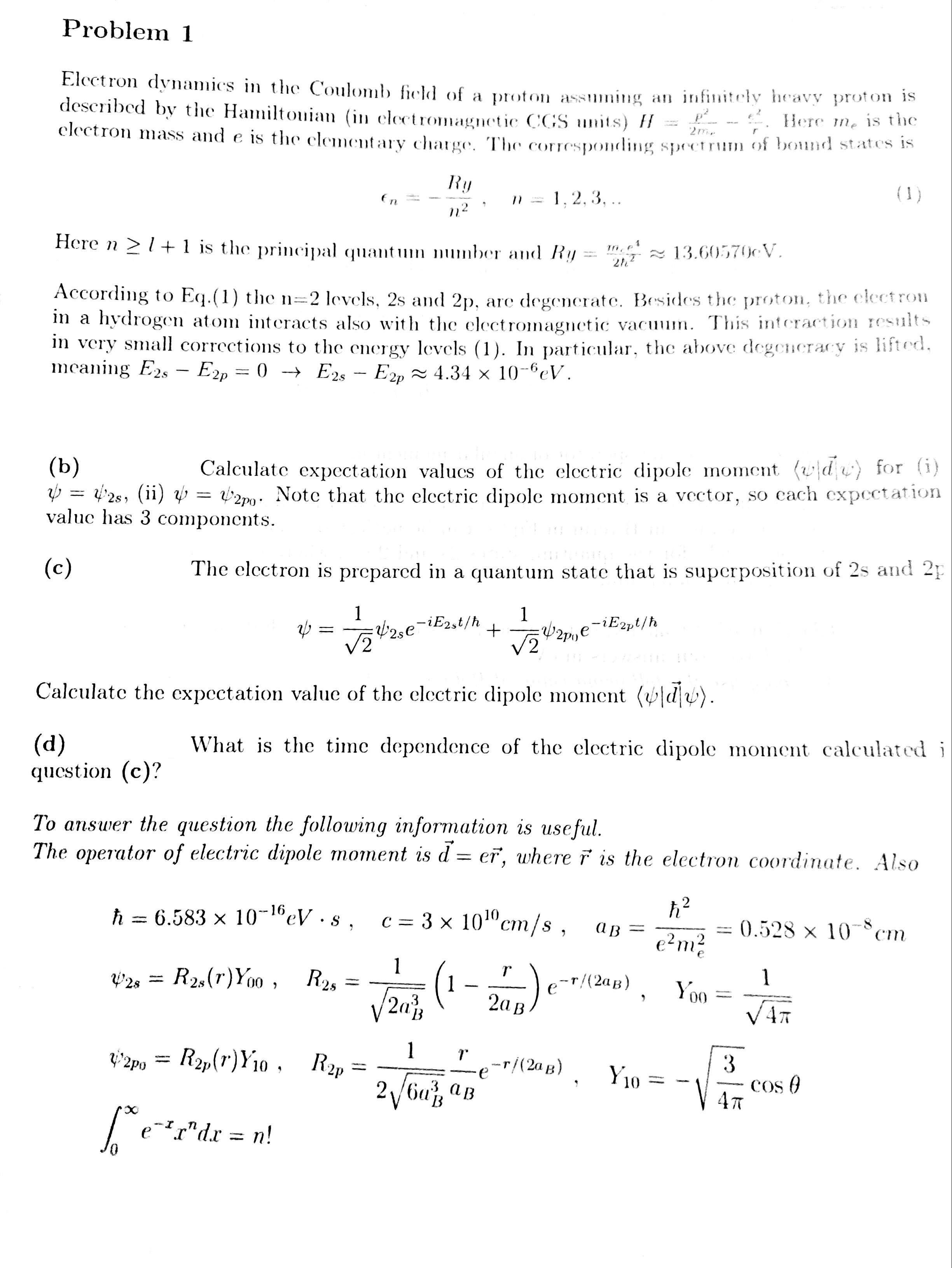 Solved Electron Dynamics In The Coulomb Fick Of A Proton