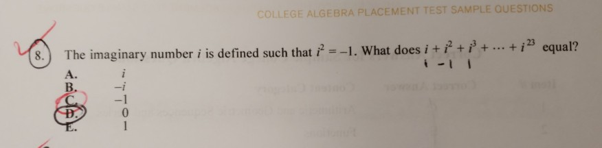 Solved COLLEGE ALGEBRA PLACEMENT TEST SAMPLE QUESTIONS The | Chegg.com