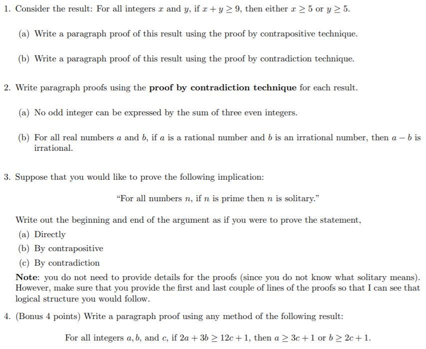 Solved 1. Consider the result: For all integers x and y, if | Chegg.com