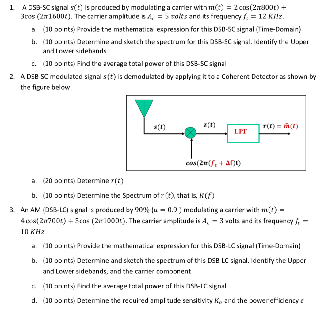 Solved A DSB-SC signal s(t) is produced by modulating a | Chegg.com