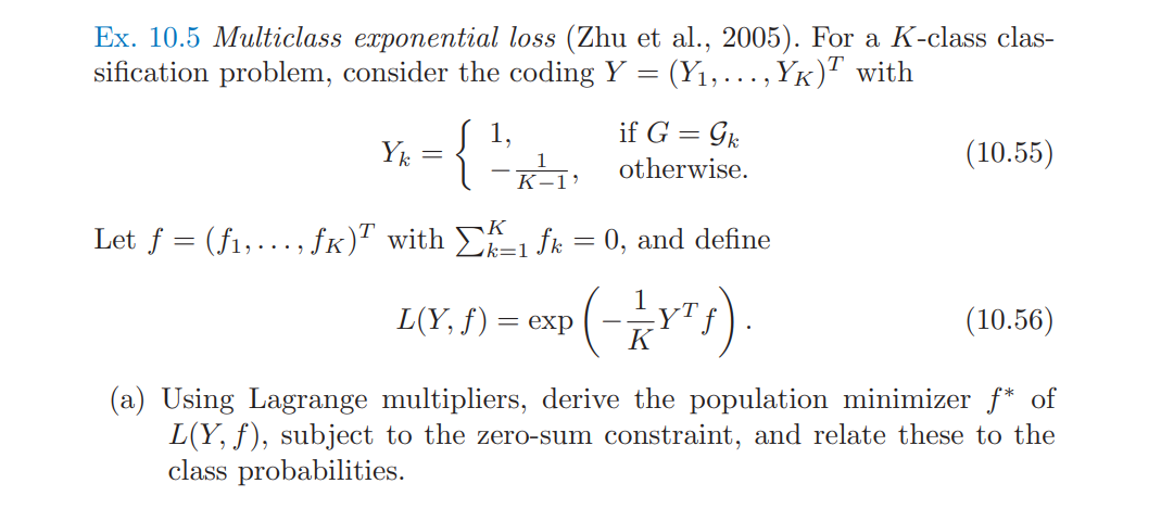 Ex. 10.5 Multiclass exponential loss (Zhu et al., | Chegg.com