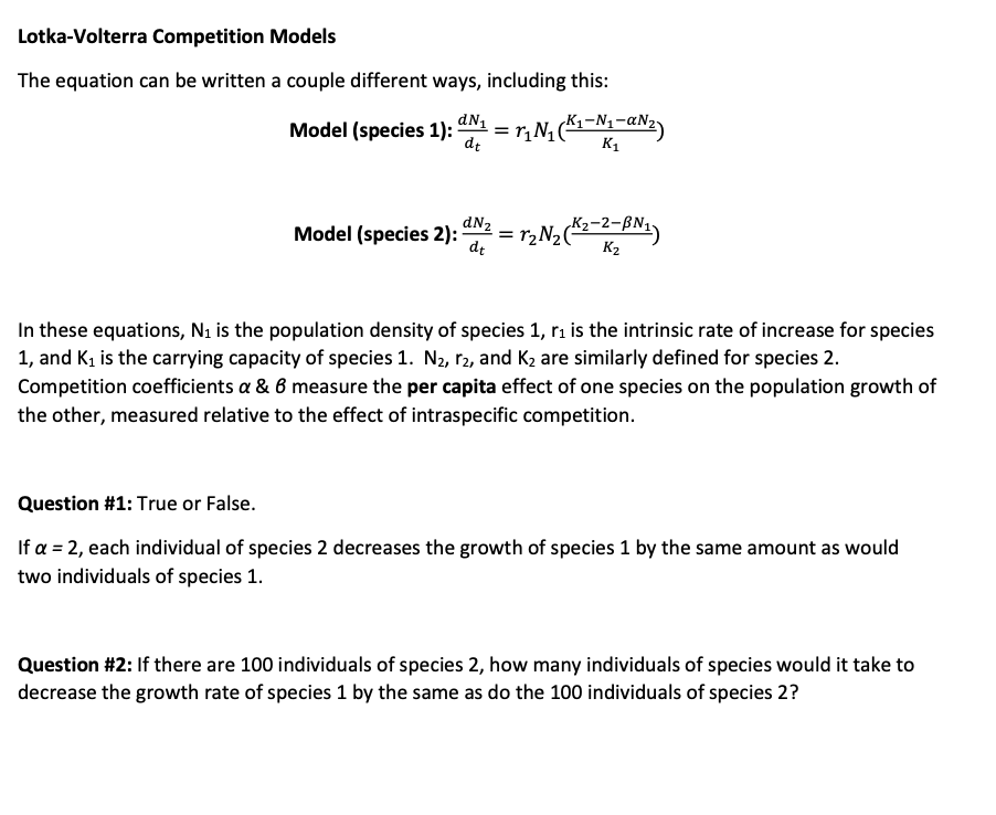 Solved Lotka-Volterra Competition Models The equation can be | Chegg.com