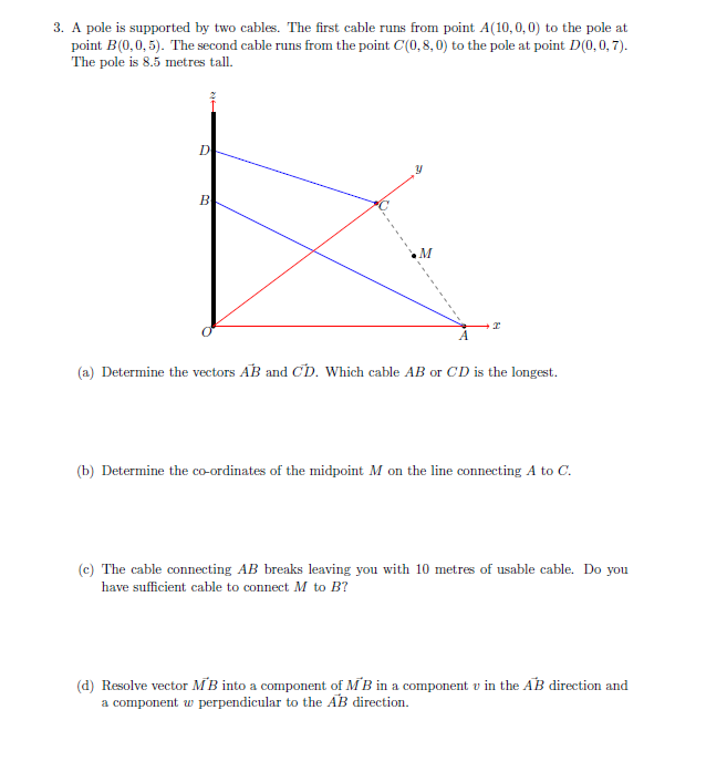 Solved 3. A pole is supported by two cables. The first cable | Chegg.com