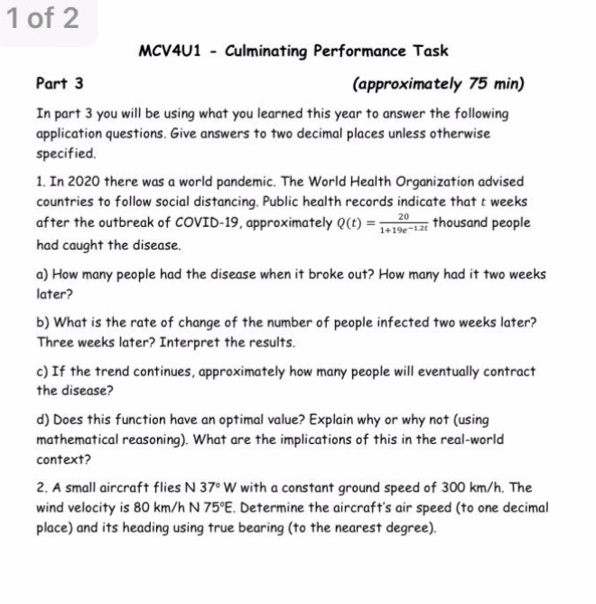 Solved 1 of 2 MCV4U1 - Culminating Performance Task Part 3 | Chegg.com