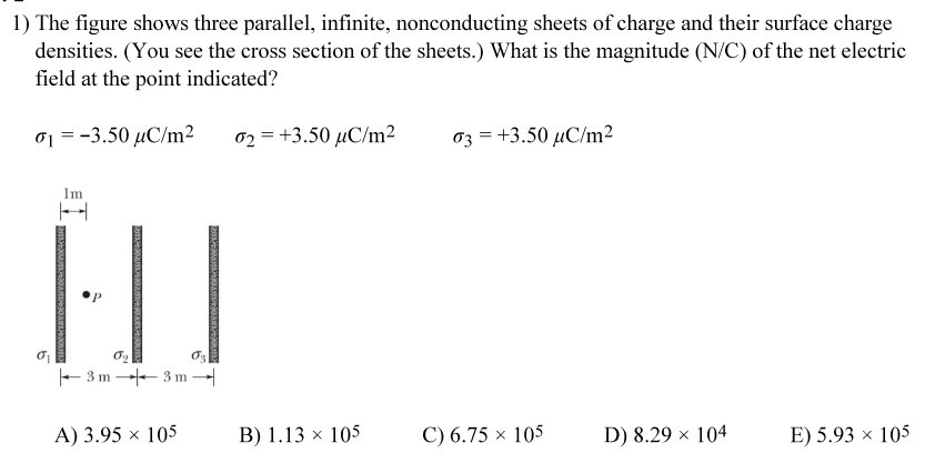 Solved 1) The figure shows three parallel, infinite, | Chegg.com
