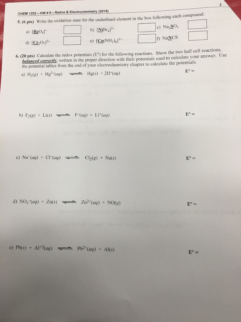 Solved CHEM 1202-HW # 9-Redox & Electrochemistry (2018) 5. | Chegg.com