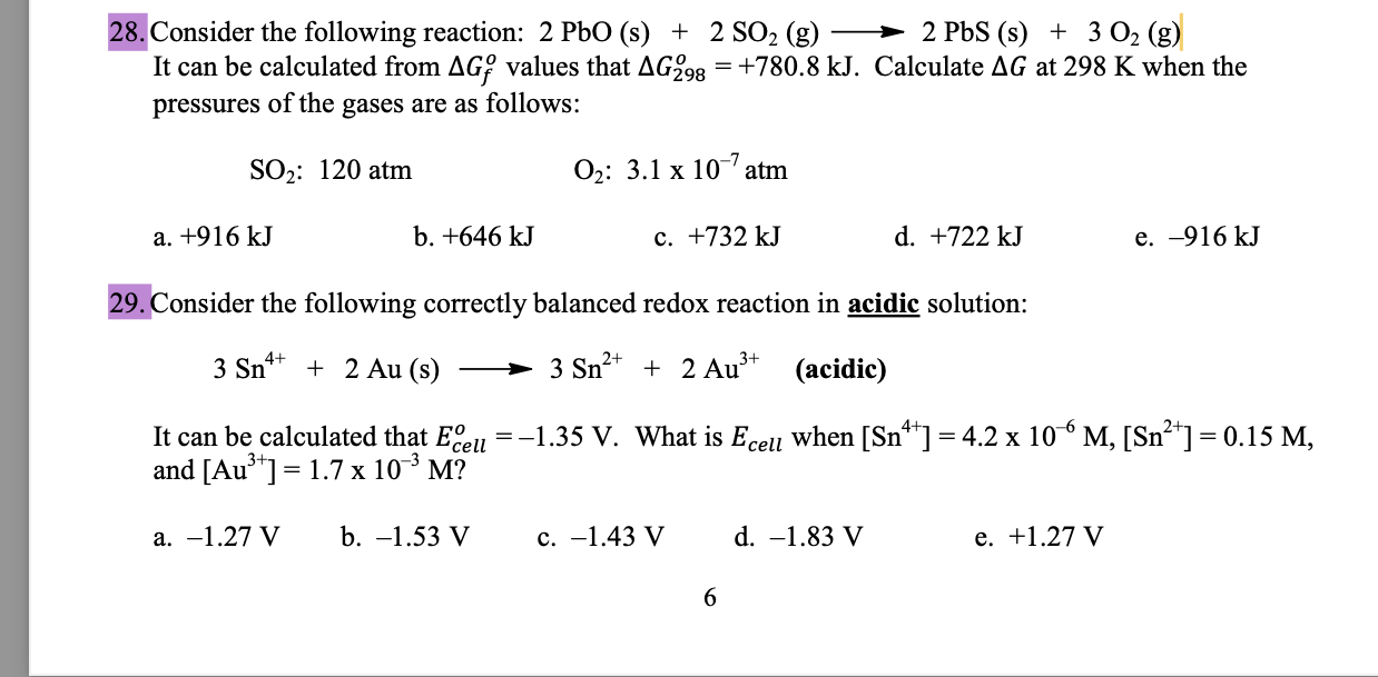 Solved 28. Consider the following reaction: 2PbO(s)+2SO2( | Chegg.com