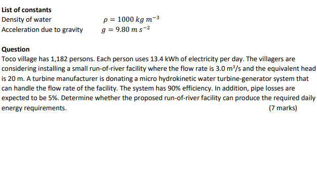 Solved List of constants Density of water Acceleration due | Chegg.com