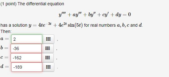Solved (1 point) The differential equation y" + ay" + bry" + | Chegg.com