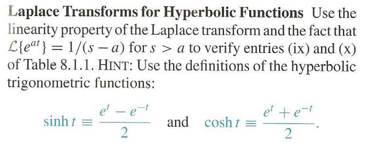 Laplace Transforms for Hyperbolic Functions Use the | Chegg.com