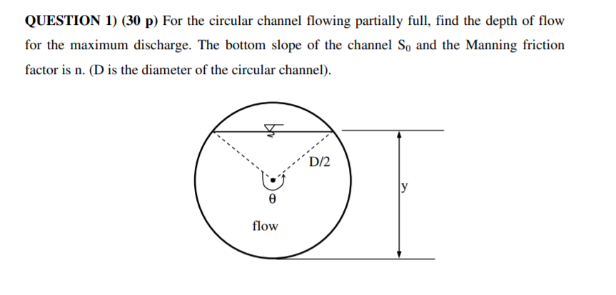 Solved QUESTION 1) (30 p) For the circular channel flowing | Chegg.com