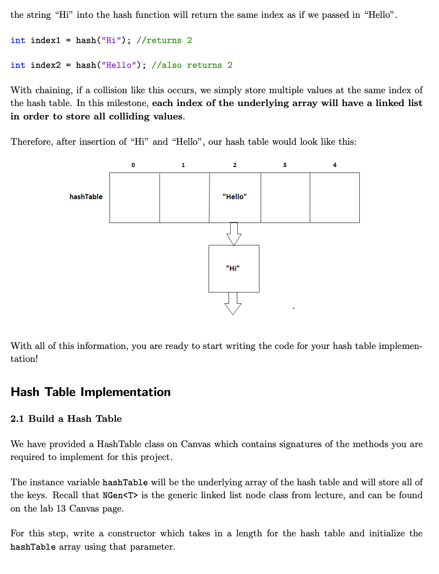 Solved 2 Hash Tables For this milestone, you'll be | Chegg.com