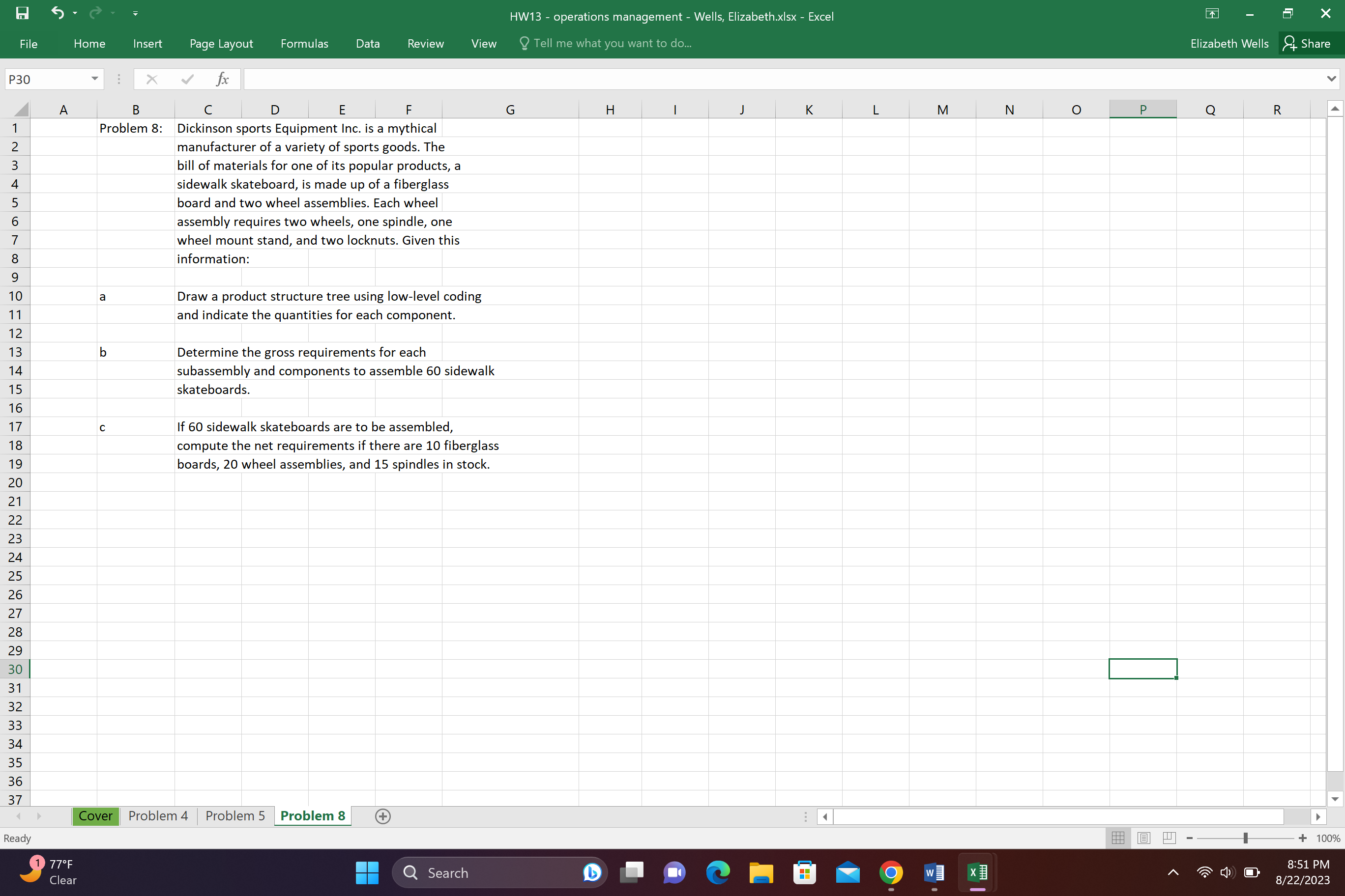 Solved HW13 - operations management - Wells, Elizabeth.xlsx | Chegg.com