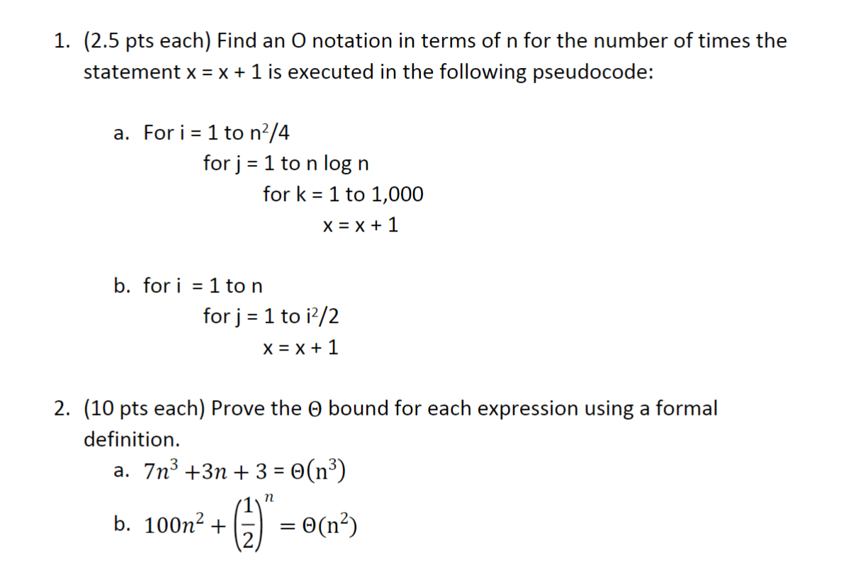 Solved 1. ( 2.5pts each) Find an O notation in terms of n | Chegg.com