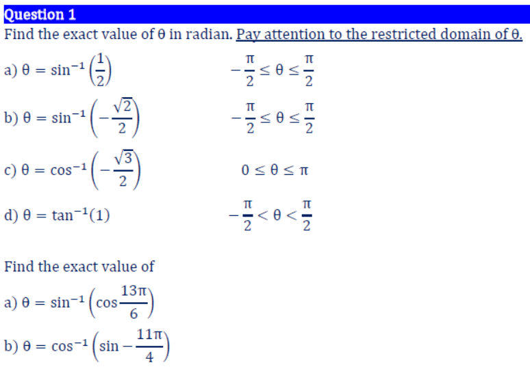 Solved Question 1 Find the exact value of in radian. Pay | Chegg.com
