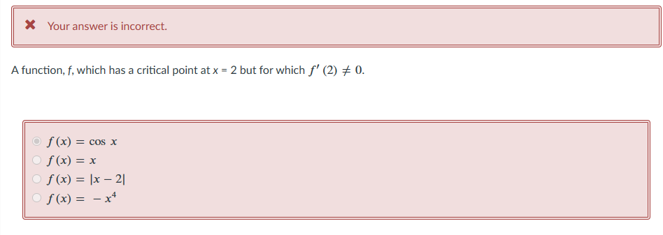 Solved Your answer is incorrect. A function, f, which has a | Chegg.com