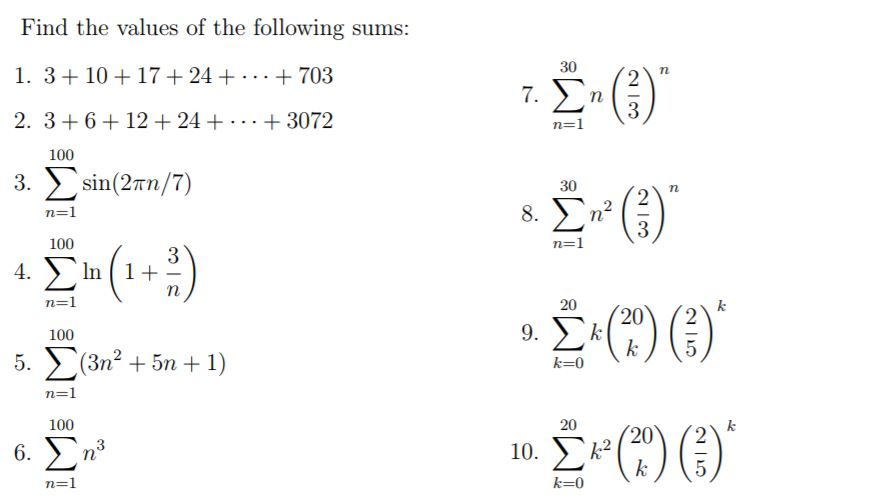 Solved Find The Values Of The Following Sums 4 Chegg