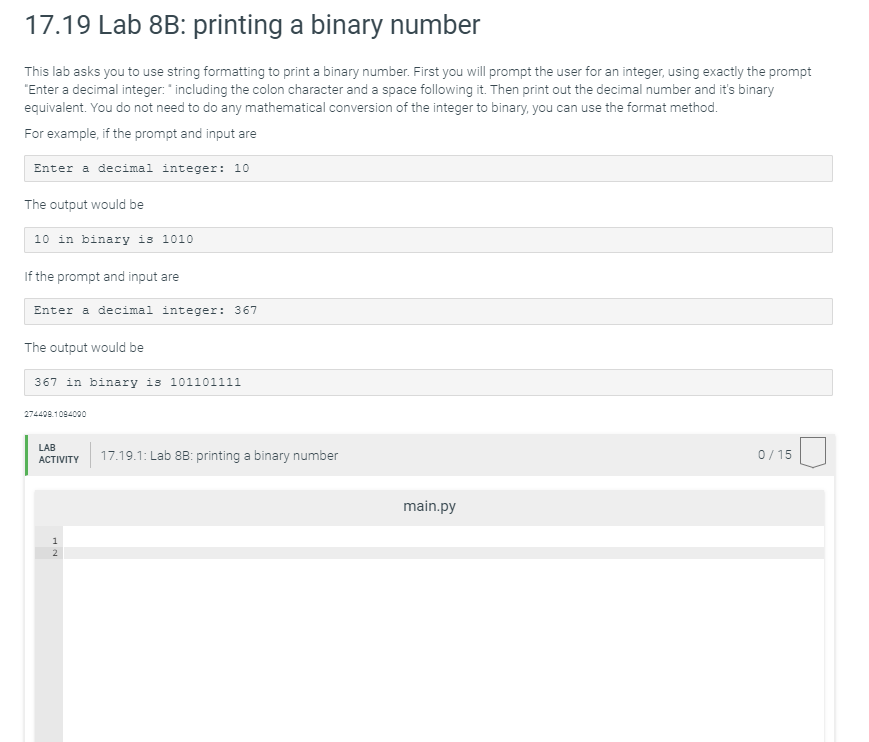 Solved 17.19 Lab 8B: printing a binary number This lab asks | Chegg.com