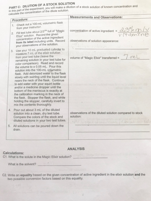 Solved PART C: DILUTION OF A STOCK SOLUTION Arat the | Chegg.com