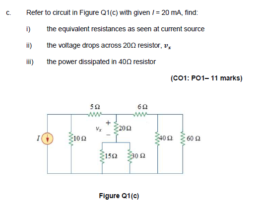 Solved C. Refer to circuit in Figure Q1(C) with given 1 = 20 | Chegg.com