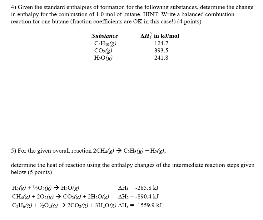 Solved 4 Given The Standard Enthalpies Of Formation For The
