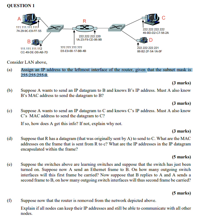 Solved Consider LAN above, (a) Assign an IP address to the | Chegg.com