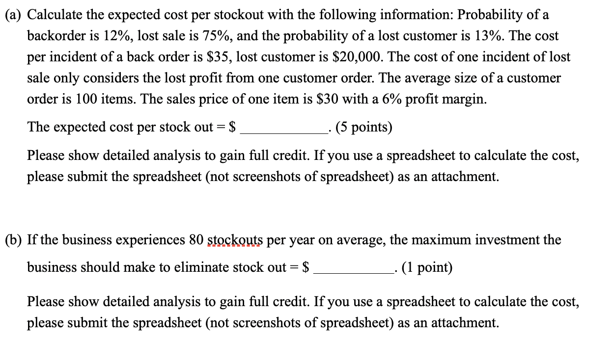 Solved a (a) Calculate the expected cost per stockout with | Chegg.com
