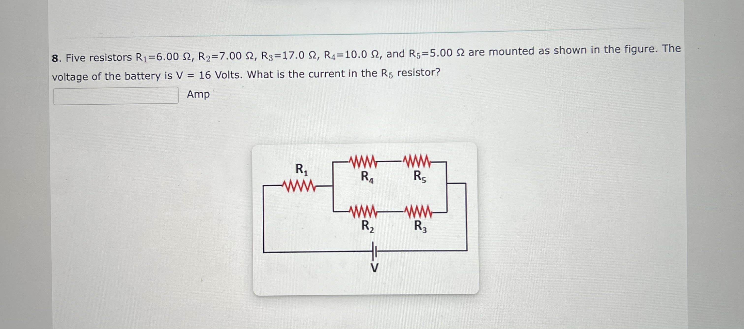 Solved Five resistors R1=6.00Ω,R2=7.00Ω,R3=17.0Ω,R4=10.0Ω, | Chegg.com