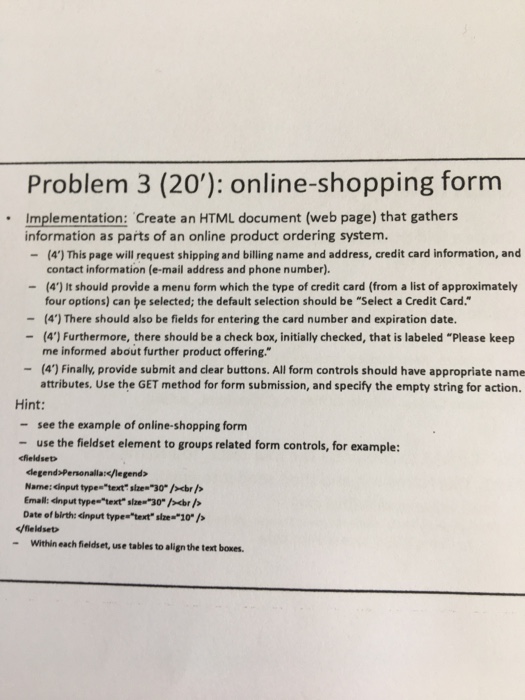 Solved Problem 3 (20'): online-shopping form Implementation: | Chegg.com