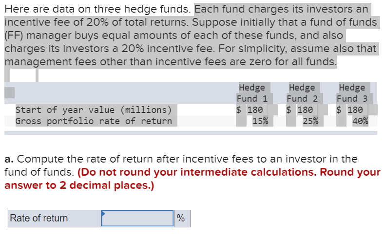 Solved Here are data on three hedge funds. Each fund charges | Chegg.com