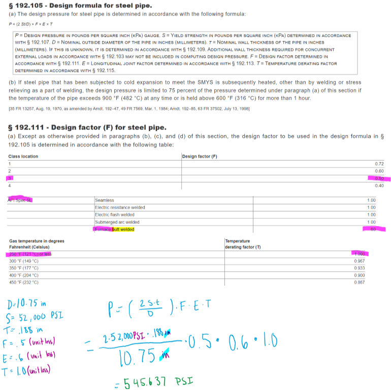 Solved P= 2S∗D ×F×E×T P= DESIGN PRESSURE IN POUNDS PER | Chegg.com