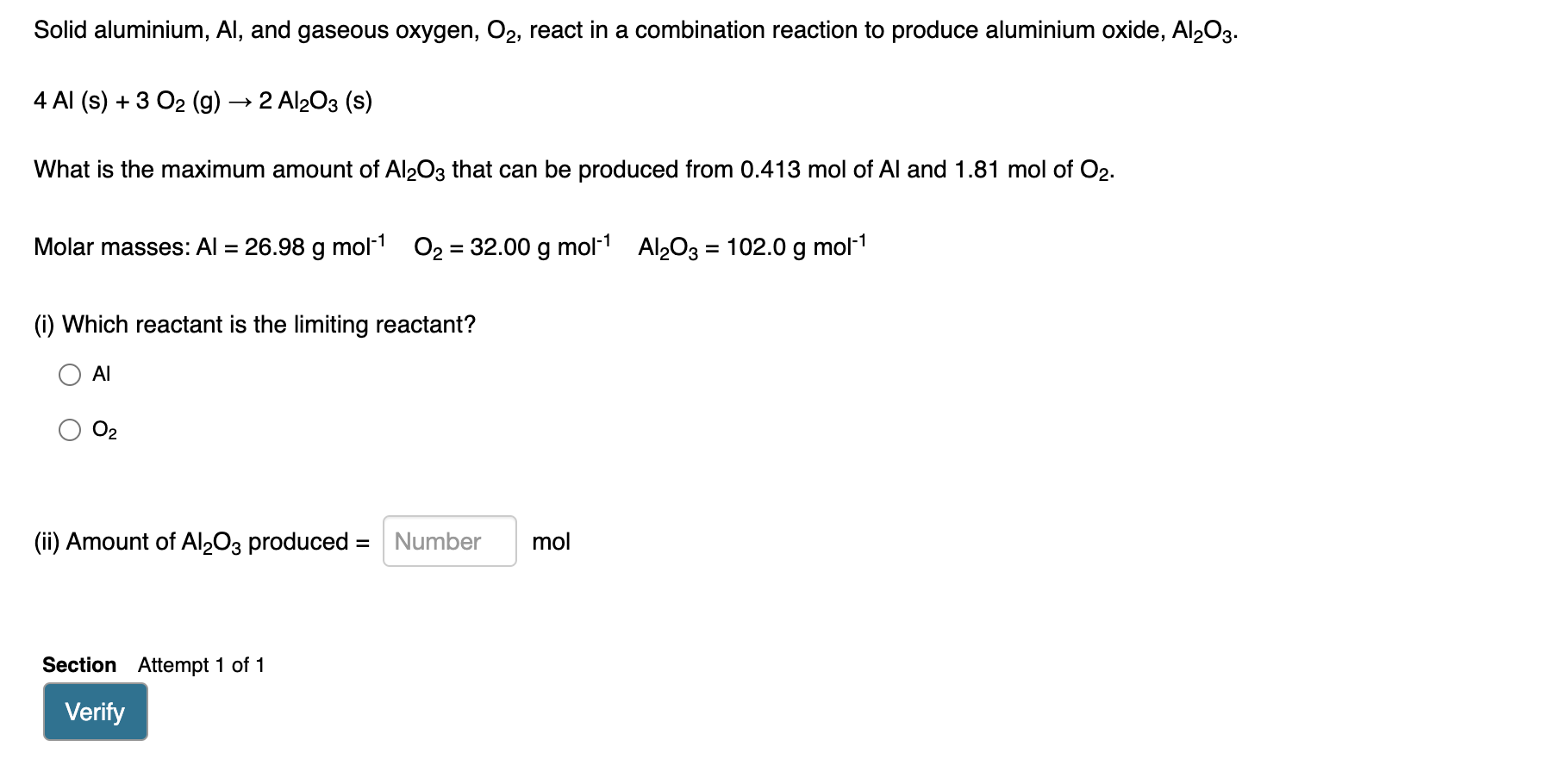 Solved Solid aluminium, AI, and gaseous oxygen, O2, react in | Chegg.com